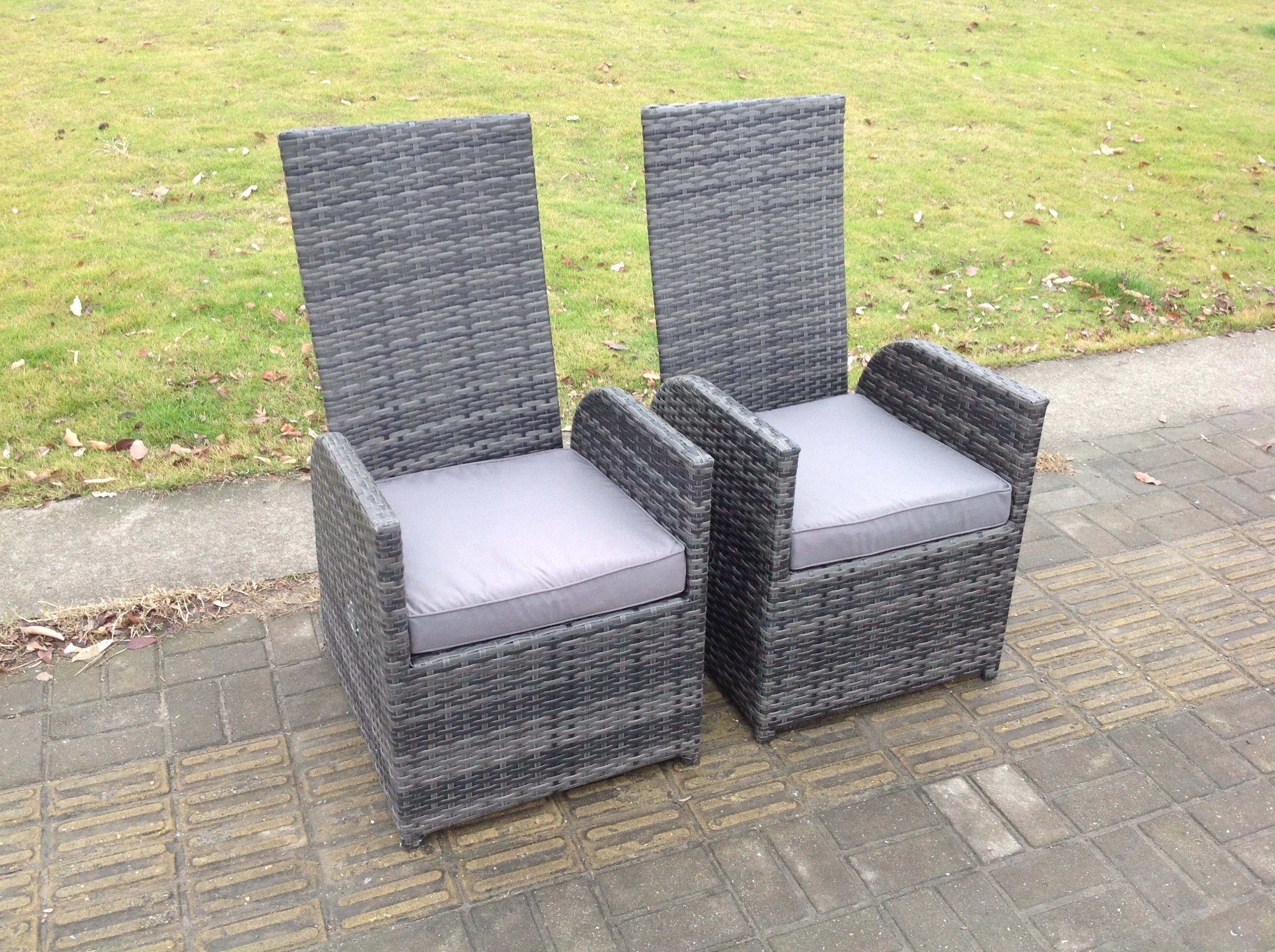 2 pc single reclining rattan garden chair dark grey mixed with seat cushion