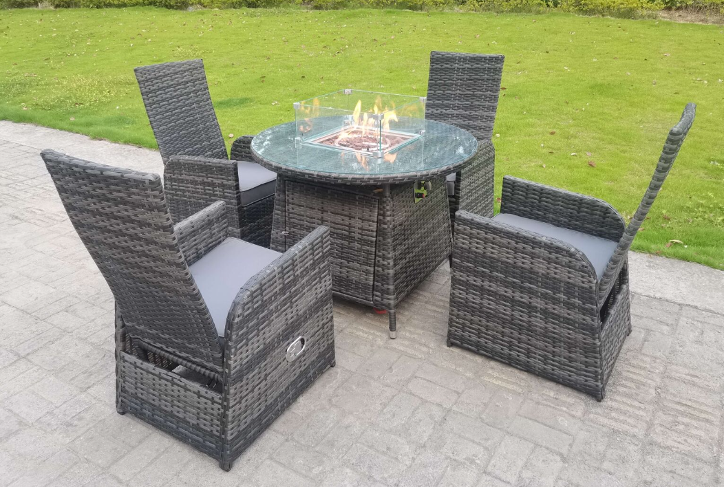4 Seater Rattan Furniture Gas Fire Pit Round Dining Table Reclining ...