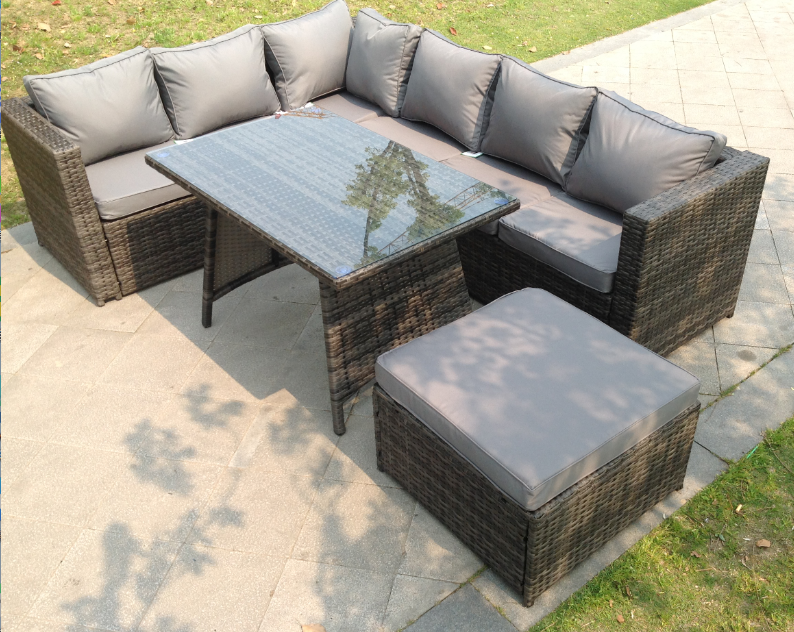 Fimous 7 Seater Grey Rattan Sofa Dining Set Table Ottoman Garden ...