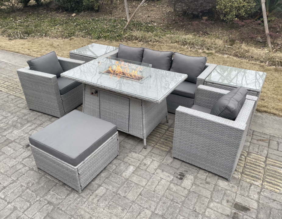 Fimous Rattan Garden Furniture Set Gas Fire Pit Lounge Sofa Chair ...