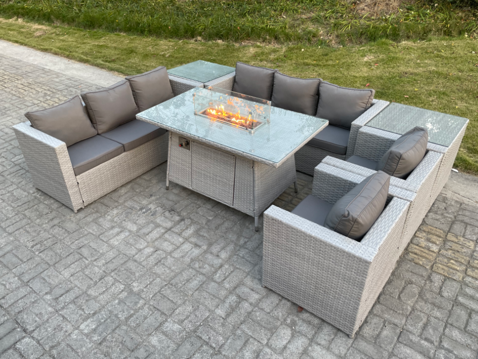 Fimous Light Grey Rattan Fire Pit Garden Furniture Set Gas Heater ...