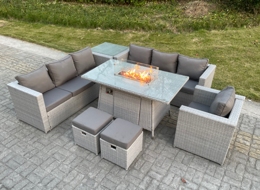 Fimous Light Grey Rattan Fire Pit Garden Furniture Dining Table Set Gas ...