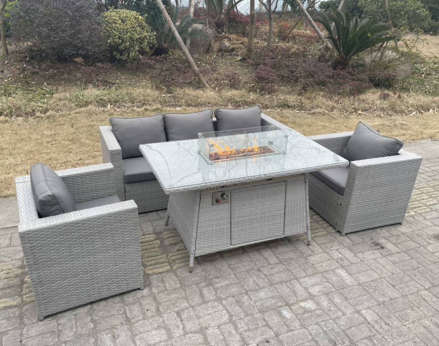 Fimous Light Grey Rattan Gas Fire Pit Garden Furniture Dining Table Set ...