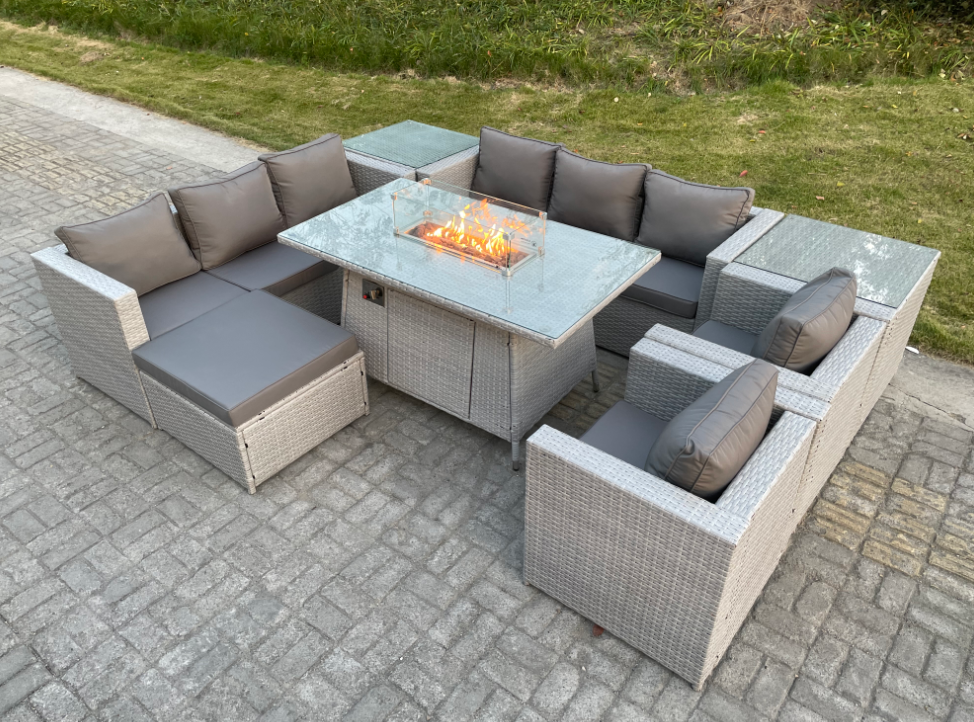 Fimous Light Grey Rattan Fire Pit Garden Furniture Set Gas Heater ...