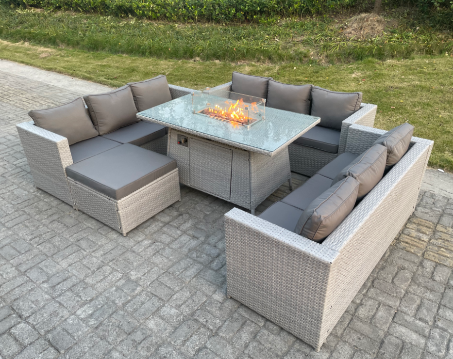 Fimous Light Grey U Shape Lounge Sofa Dining Set With Gas Fire Pit ...