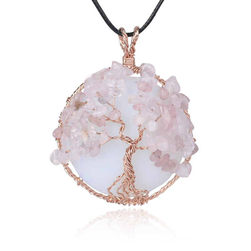 Handmade Rose Gold Color Tree of Life Opal Quartz Coin Pendant