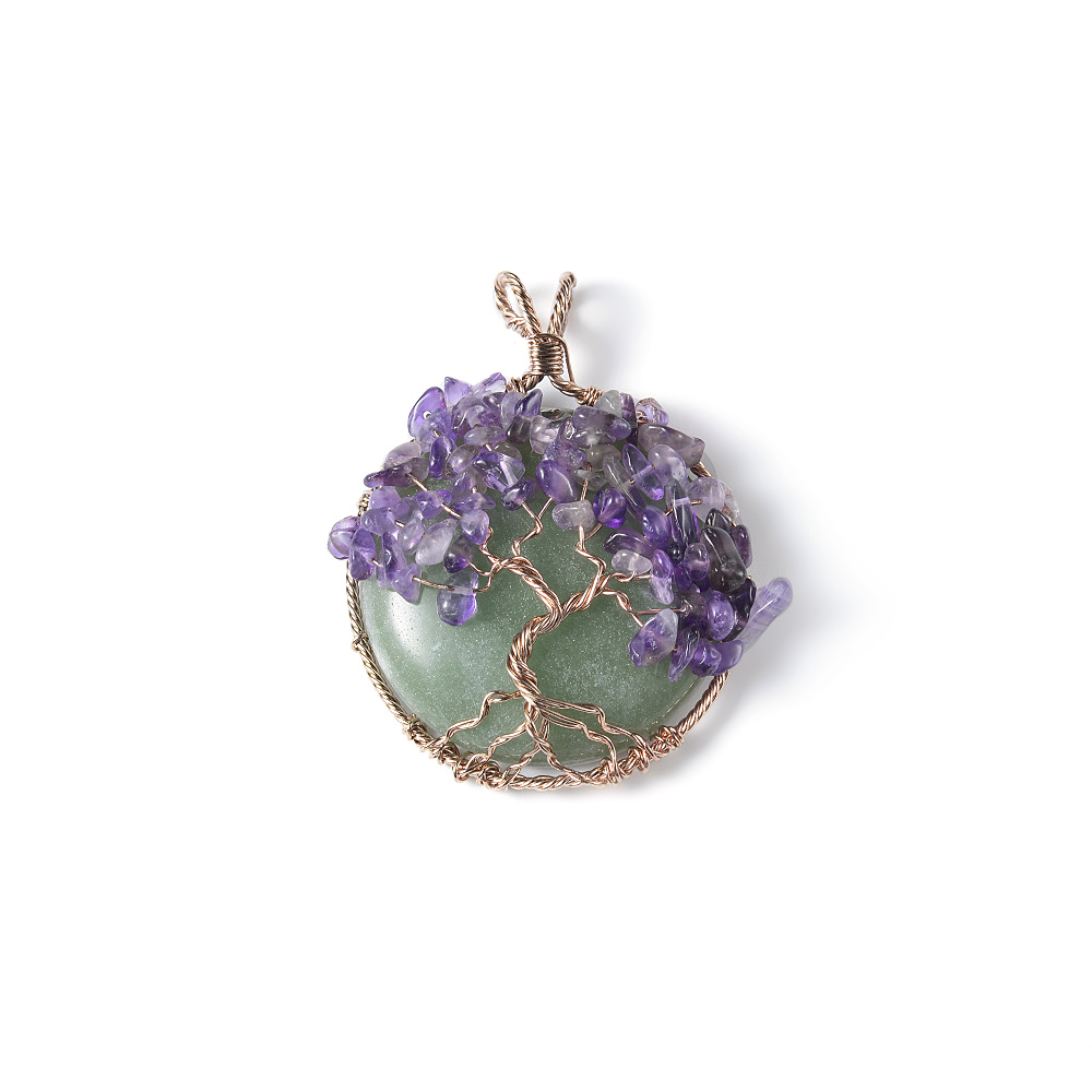 Handmade Rose Gold Color Tree of Life Green Aventurine Coin Pendant