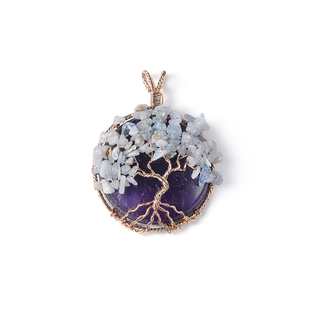 Handmade Rose Gold Color Tree of Life Amethyst Coin Pendant